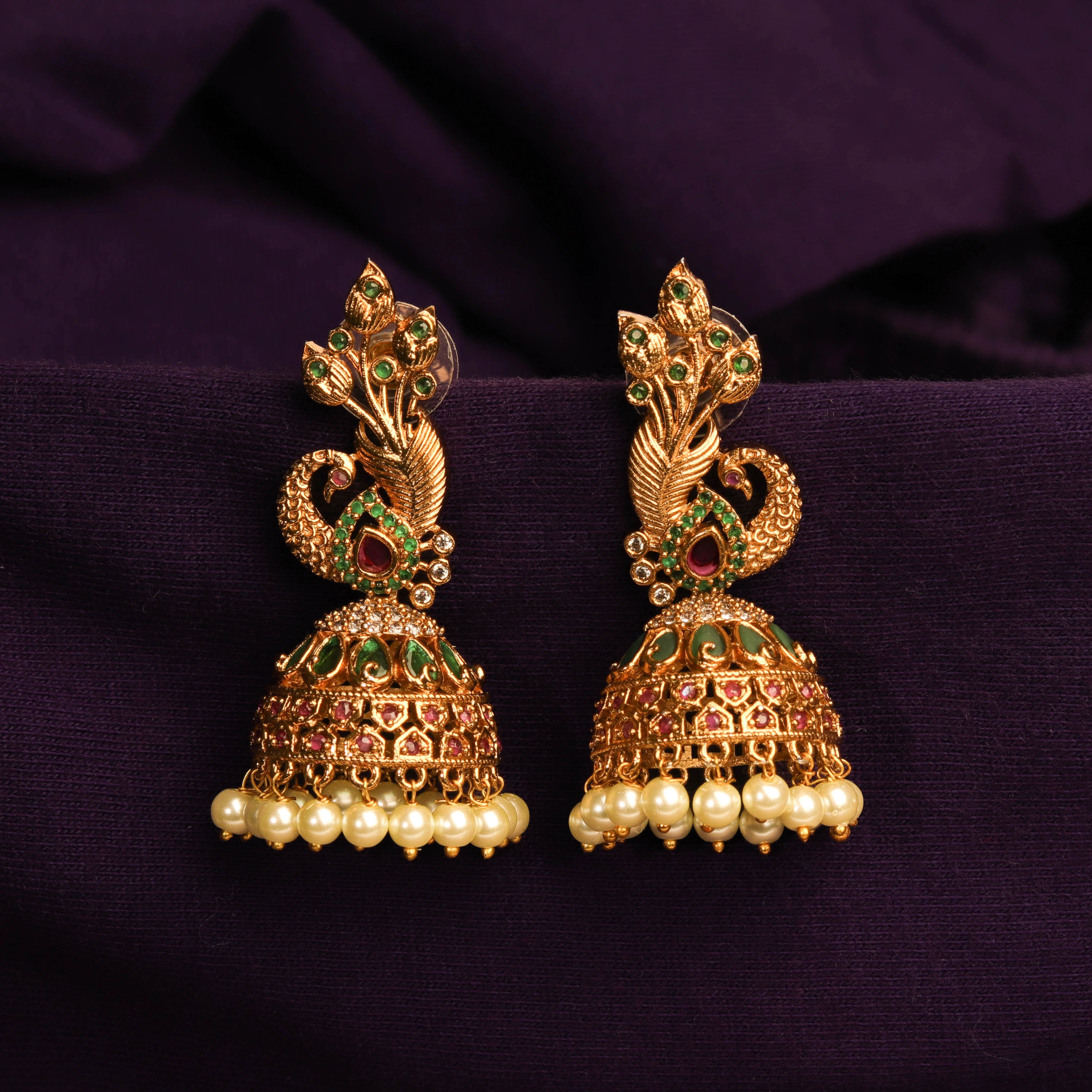 24K Gold Plated South Indian Antique Gold Peacock Leaf Design Earring