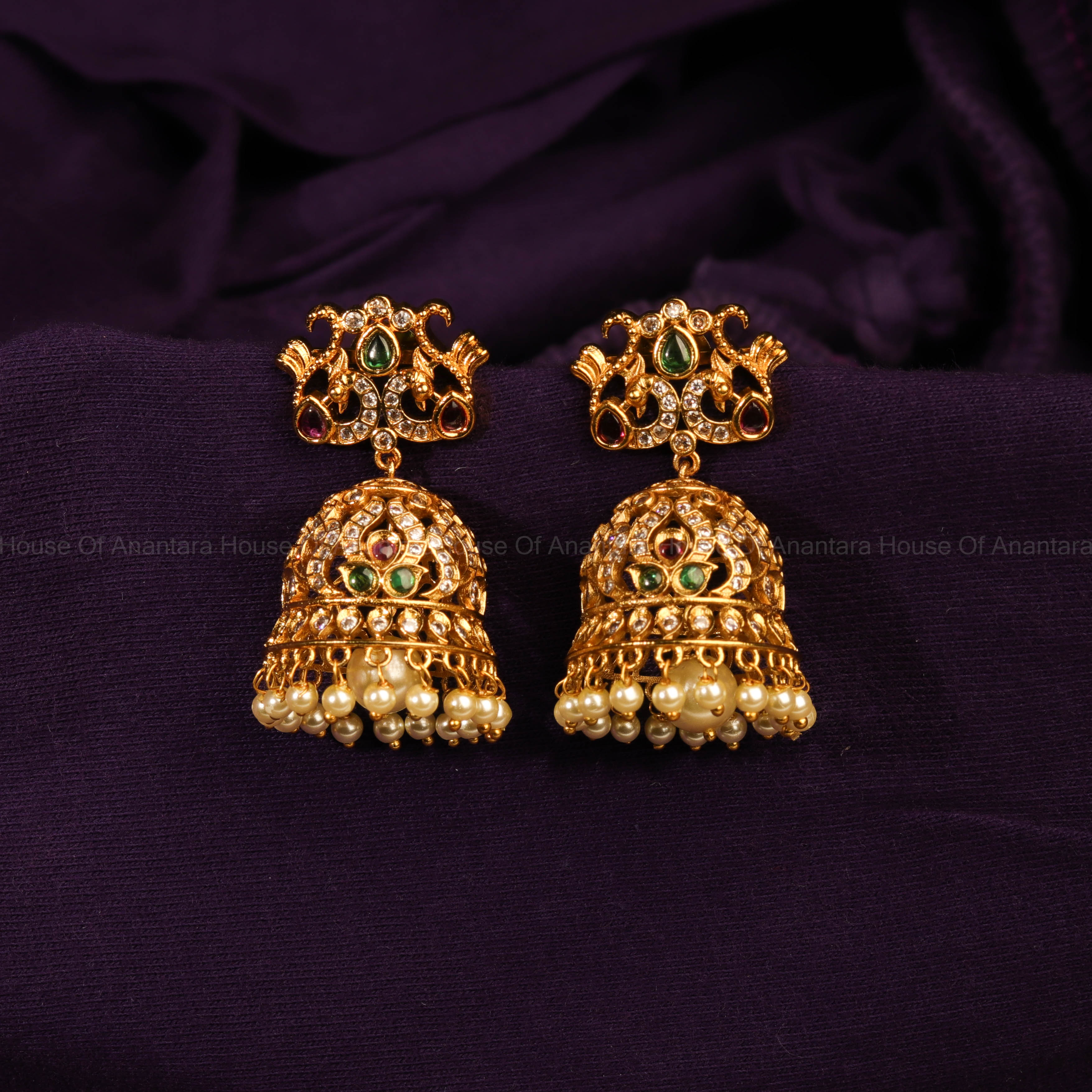 Traditional Gold Plated Kemp Stone Dancing Peacock Inspired Earrings